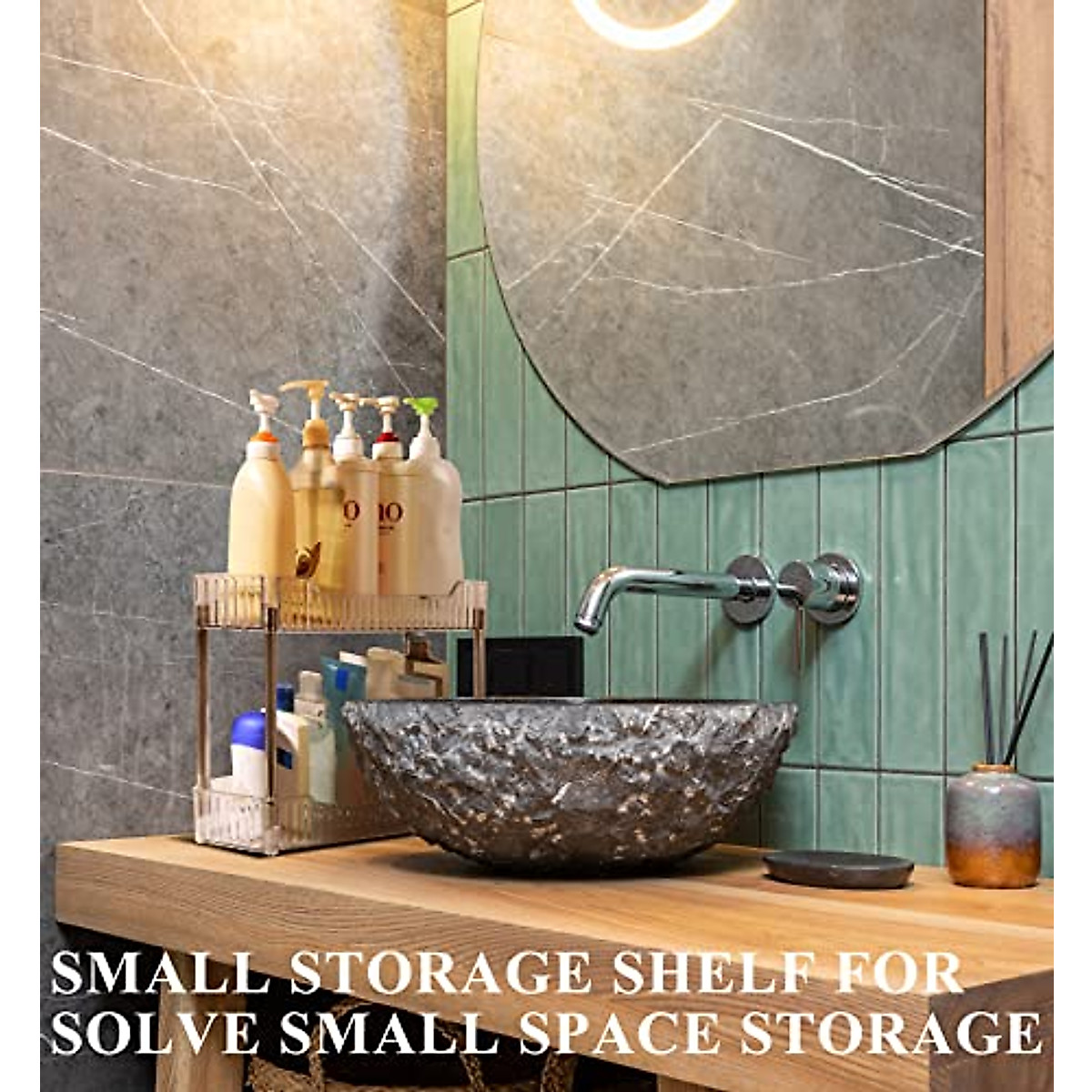 Sincey Slim Under Sink Bathroom Shower Shelf Organizer, 2-Tier Clear Acrylic Trays Shelf for Countertop,Counter Corner,Vanity,Cabinet Small Narrow Spaces, Multi-Storage for Toiletry,Skincare,Makeup