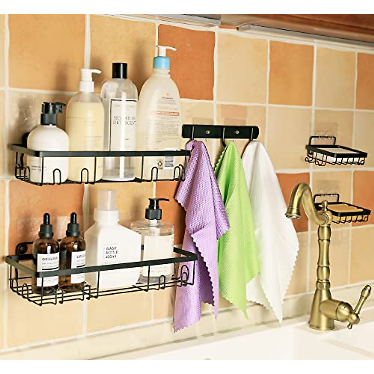 E-HAO Adhesive Shower Caddy Shelf Organizer (2 Pack) with 2 Soap Dishes & 1Towel Hook. 304 Stainless Steel shower Shelves Bathroom Basket Rack for Shower Kitchen Storage