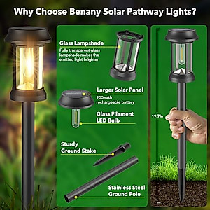 Solar Pathway Lights - 8 Pack, Glass & Metal Solar Powered Outdoor Lights, 10 Hours of Lighting for Garden, Yard, Driveway, Path, Landscape Decor (Black)