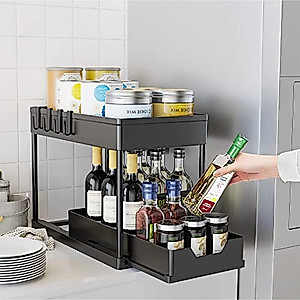 Under Sink Organizers and Storage - Adjustable Height Sliding 2-Tier Pull Out Drawer Rack Multi-Purpose Under Sink Shelf Organizer for Kitchen Bathroom Under Counter Cabinet Storage (Dark Black-2pcs)