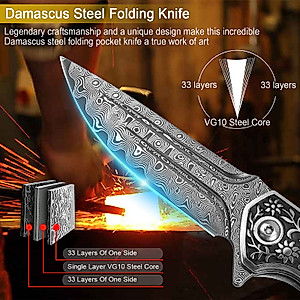 KOMWERO Damascus Pocket Knife, VG10 Damascus Steel Folding Knife with Wood Handle, Leather Sheath, Liner Lock, EDC Knife for Outdoor Survival Hunting Collection