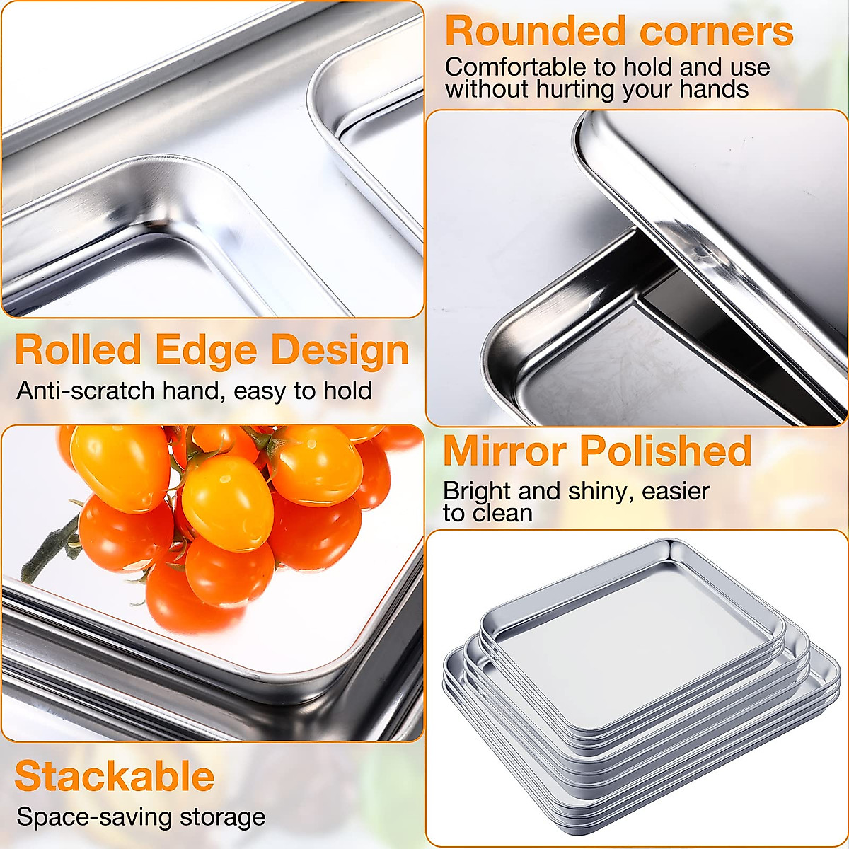 Baking Sheet Set of 6 Stainless Steel Cookie Sheet Baking Pans Set 9/10/12 Inch Baking Tray Bakeware Toaster Oven Pan, Easy Clean and Dishwasher Safe, Silver