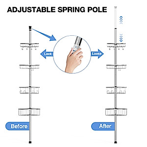Corner Shower Caddy Tension Pole: Stainless Steel Rustproof 4-Tier Shower Organizer - 47-121 inch Adjustable Bathroom Shelves for Bathtub Shampoo Storage - Tension Rod Floor Standing Bath Rack -Sliver