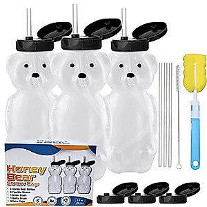 Honey bear straw cup set - 3 Honey Bear Cup w/ 3 extra Caps, bottle brush & Straw brush | Sippy cup Squeeze teddy Bear cup with straw, Talk therapy tools Honey bear drinking cup | honeybearcup baby