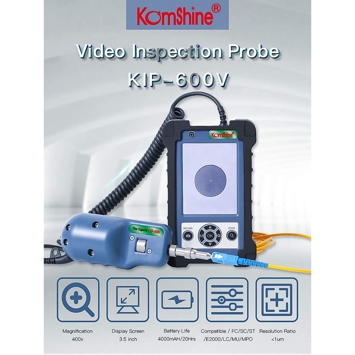 400X Magnification Fiber Optic Inspection Probe KIP-600V, Support Real-time Video Recording + Expansion of TF Card + Four UPC Tips + 3.5 inch HD LCD Display + 4,000mAh Large Battery Capacity FTTX Tool