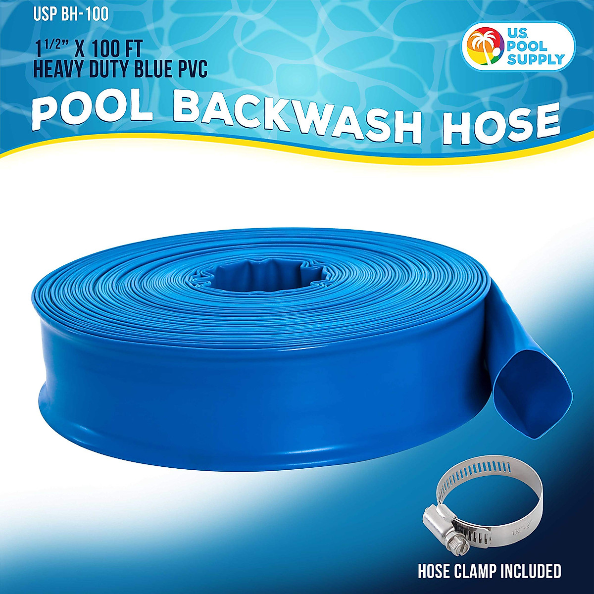 U.S. Pool Supply 1-1/2" x 100' Heavy Duty Blue Flexible Swimming Pool Backwash Hose with Hose Clamp