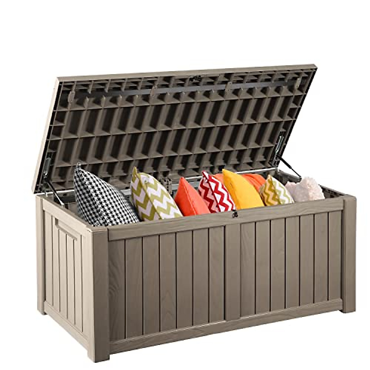 FRUITEAM 120 Gallon Outdoor Storage Box, Low Maintenance, Lockable Resin Deck Box for Patio Furniture Cushions, Pillows, Pool Noodles, Garden Tools