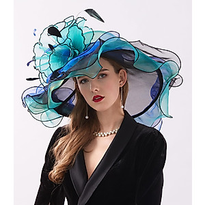 TLMNU Women Derby Church Hat Organza Flower Wedding Tea Party Fascinator Hat Wide Brim Sun Hat 01Green,Blue
