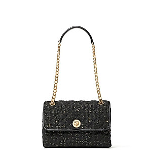 KATE SPADE NATALIA SEQUIN TWEED FABRIC MEDIUM FLAP SHOULDER BAG IN BLACK