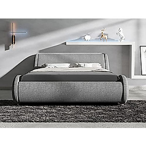 IMUsee Queen Size Bed Frame, Linen Fabric Upholstered Platform Bed with Curved Adjustable Headboard, Mattress Foundation with Wood Slat Support, 10''-12'' Mattress Recommended, Grey