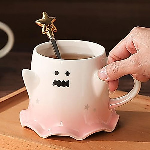 IVYDREVER Pumpkin Mug,Halloween Coffee Cups,Ceramic Coffee Mug, Cute Ghost Coffee Mug with Witch Hat Lid,Pumpkin Mug Ceramic Coffee Mugs and Tea Mug (Elf-Green+Pink)