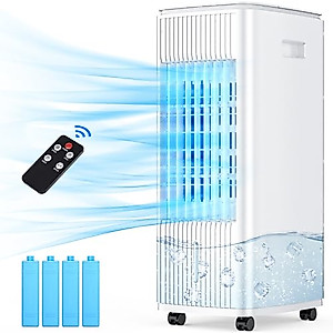 Evaporative Air Cooler, BALKO 3-IN-1 Windowless Swamp Cooler w/ 0.8 Gal Detachable Water Tank, 7H Timer & Remote, 4 Ice Pack, 70° Oscillation, Ductless Air Conditioner Portable for Room Indoor Office
