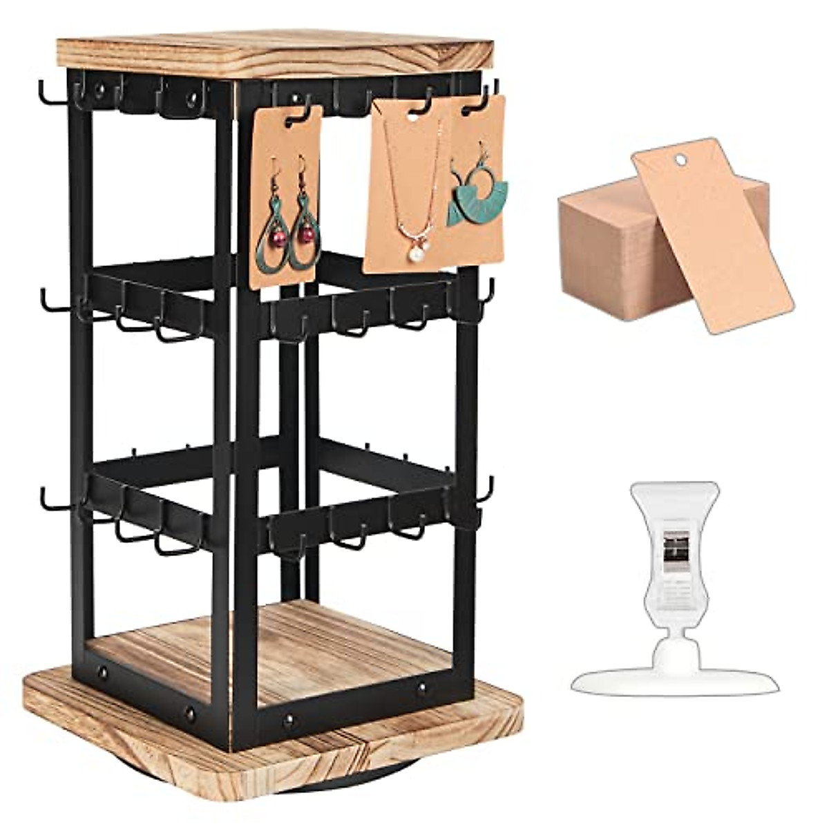 J JACKCUBE DESIGN 3 Tier 360 Rotating Black Metal Earring Holder Organizer, Jewelry Display Rack, Vintage Farmhouse Style Stand for Necklaces, Piercings with 48 Hooks and Wood Tray Shelf -MK1073A
