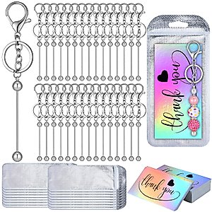 Sasylvia 30 Sets Beadable Keychain Kits Beaded Keychain Bars Resealable Pouch Bag Thank You Cards for DIY Crafts Jewelry Making