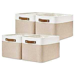 DULLEMELO Fabric Storage Bins for Laundry, Home, Foldable Storage Baskets for Shelves, Toys, Collapsible Storage Bins for Office, Closet,Bedroom(White&Khaki,15"x11"x9.5",4-Pack)