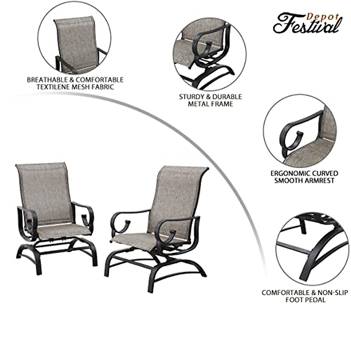 Festival Depot 5Pcs Patio Fire Pit Table Set, Outdoor Furniture Conversation Set, Propane Table and 4 Armchairs with High Textilene Back and Metal Frame for Backyard Porch Lawn Deck Garden (Grey)