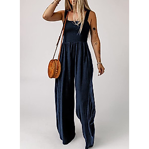 Dokotoo Womens Overalls Blue Jumpsuits for Women Casual Loose Fit Solid Color Wide Leg One Piece Sleeveless Jumpsuit Long Pant Rompers with Pockets Medium