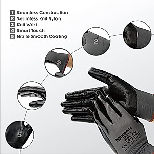 ANDANDA Work Gloves, Smart Touch, 3D Comfort Stretch Fit, Nitrile Coated Work Gloves with Grip, Seamless Knit Nylon Work Gloves Men Suitable for Warehousing, Logistics, Handling, Black（L）, 1 Pair