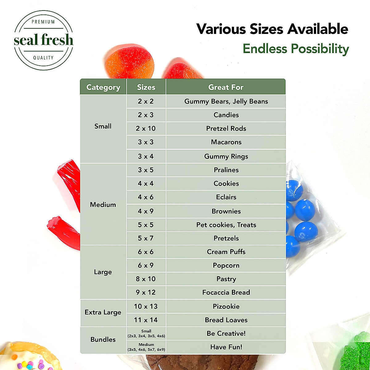 Seal Fresh Cello Bags – Bundle S Variety Pack – 4 Assorted Combo Sizes (600 Count) – 2x3 Inches (200), 3x4 Inches (200), 3x5 Inches (100), 4x6 Inches (100) – Clear Plastic Resealable Self-Adhesive Sealing Reclosable Cellophane Baggies – For Snacks, Cookie