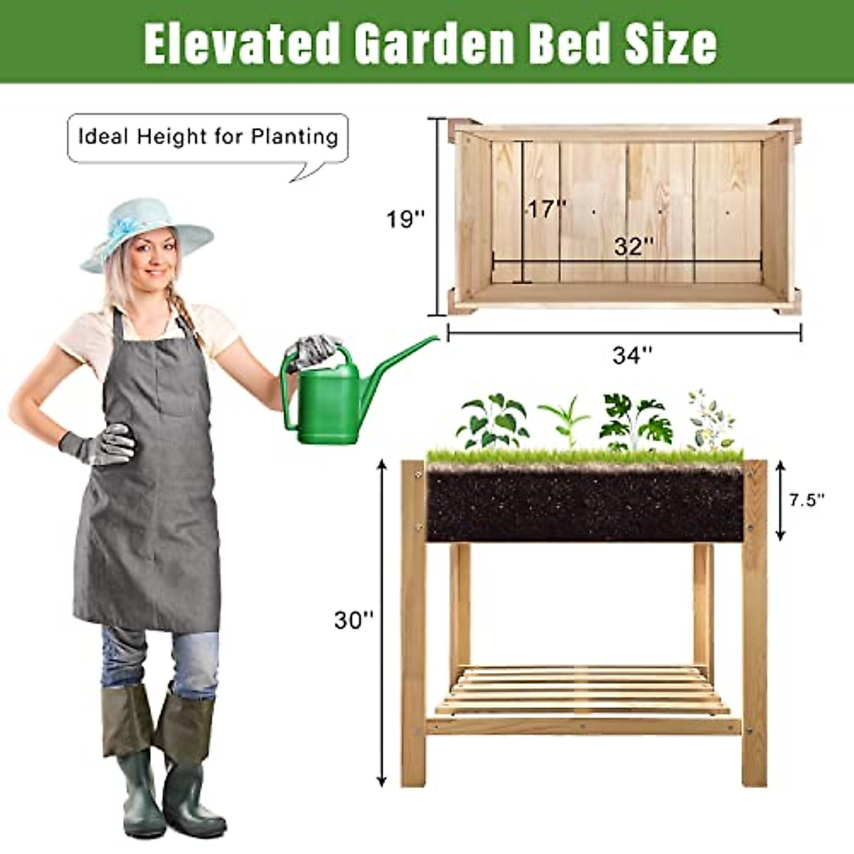 JOYSFIT Raised Garden Bed Kit with Legs | Outdoor Elevated Wood Raised Planter Box with Storage Shelf for Herbs, Vegetables and Flowers Outdoors-Naturally Rot-Resistant(34’’x19’’x30’’) (Natural Wood)