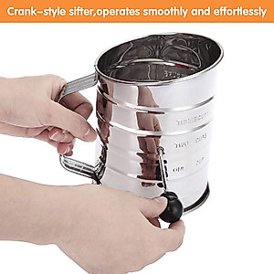 Flour Sifter 3 Cup Stainless Steel Rotary Hand Crank Sifter with 16 Fine Mesh Screen and 4 Wire Agitator Rotary Hand Crank Baking Sifter Professional Flour Sieve (3 Cup with Dough Blender)