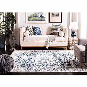 SAFAVIEH Madison Collection Area Rug - 6'7" x 9'2", Cream & Navy, Snowflake Medallion Distressed Design, Non-Shedding & Easy Care, Ideal for High Traffic Areas in Living Room, Bedroom (MAD603D)