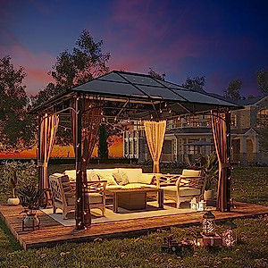 LATTOY 10' X 12' Permanent Hardtop Gazebo, Outdoor Polycarbonate Roof Pavilion Pergola Canopy for Patio, Garden