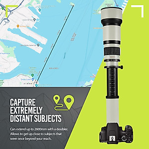 High-Power 650-2600mm f/8 Manual Telephoto Lens for Canon EOS 80D, 90D, Rebel T3i, T5, T6i, T7, T8i, SL3, 60D, 70D, 5D, 6D II, 7D II SLR Cameras - White