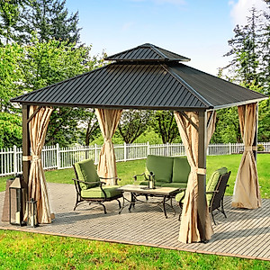 Aoodor 12 x 12 ft. Aluminum Frame Hardtop Roof Gazebo, Outdoor Patio 2-Tier Metal Roof Gazebo with Mosquito Netting and Curtains, Suitable for Patios, Garden and Backyard - Black