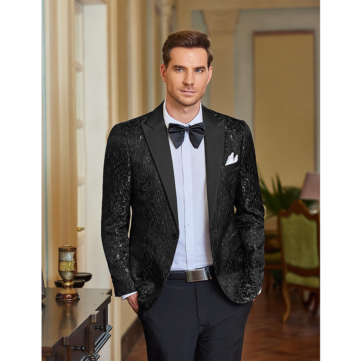 COOFANDY Men's Floral Party Dress Suit Stylish Dinner Jacket Wedding Blazer One Button Tuxdeo Black US S