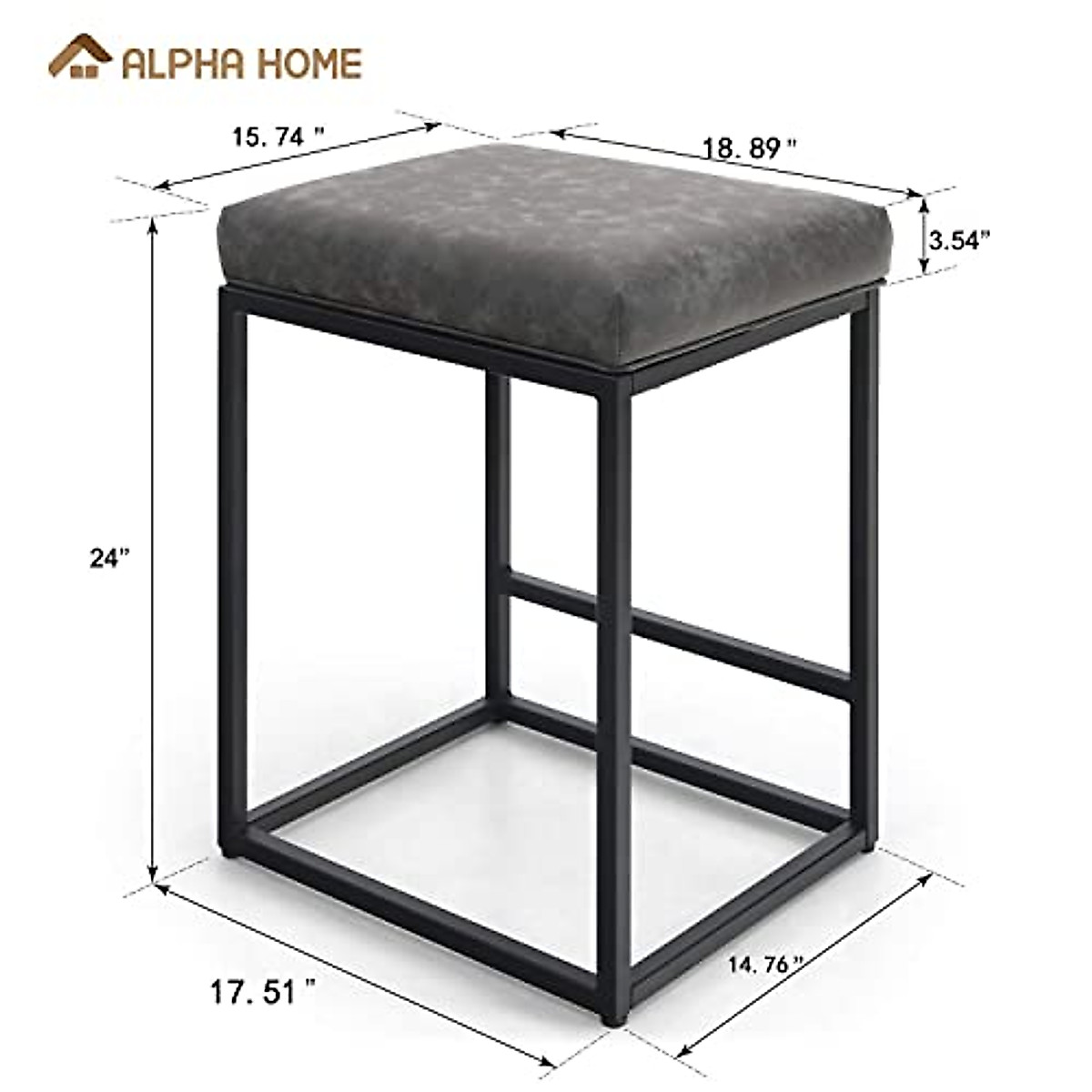 ALPHA HOME 24" Bar Stool Counter Height Bar Stools with Footrest Pu Leather Backless Kitchen Dining Cafe Chair with Thick Cushion & Sturdy Chromed Metal Steel Frame Base for Indoor Outdoor,Grey,2PC