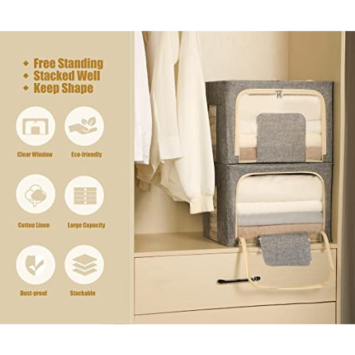 Furnhome 3 Pack 40L Clothes Storage Organizer,Sturdy Stackable Bins for Closet Storage,Foldable Clothing Storage Bins for Clothes with Zippers & Clear Window & Reinforced Handles-Grey