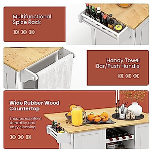 Giantex Mobile Kitchen Island with Drop Leaf, Rolling Island Table with Rubber Wood Top, Storage Cabinets, Deep Drawer, Wine Bottle Rack, Spice Rack, Serving Cart for Dining Room Bar (White)