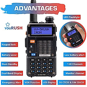 youRUSH UV-5RUSH Iron Advanced BAOFENG UV-5R 8W Tri-power Dual Band Two-Way Radio VHF UHF with Extended BL-5 2800mAh Battery CHIRP Programmable Handheld Radio Baofeng