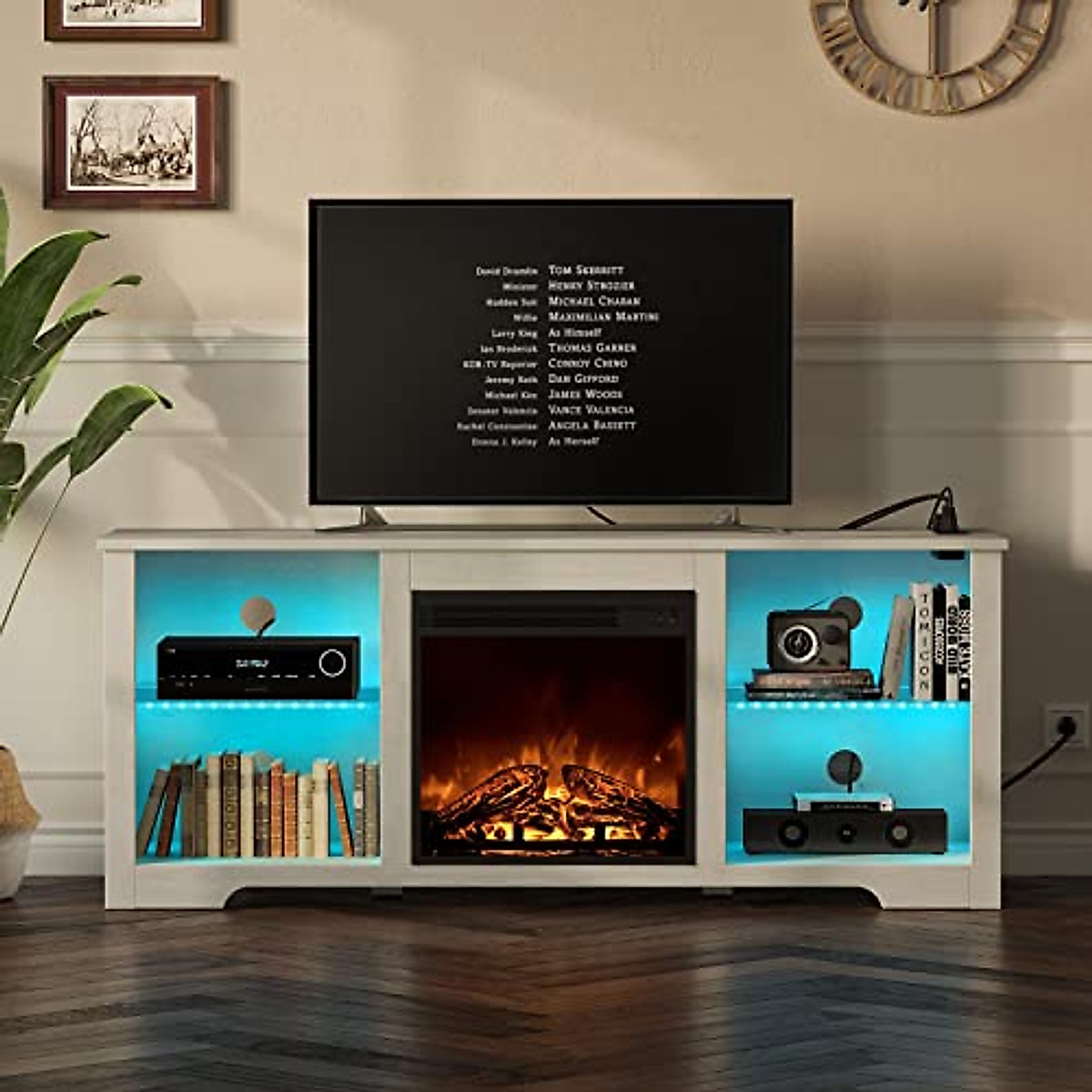 Rolanstar Fireplace TV Stand with LED Lights and Power Outlets, TV Console for 43" 50" 55" 60" 65", Entertainment Center with Adjustable Glass Shelves, White
