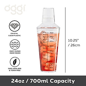 OGGI Clear Cocktail Shaker - 24 oz / 700 ml, Clear Durable Plastic Construction, Built in Strainer - Ideal Home Bar Drink Mixer, Bartender Kit, Essential Bar Accessories, Clear