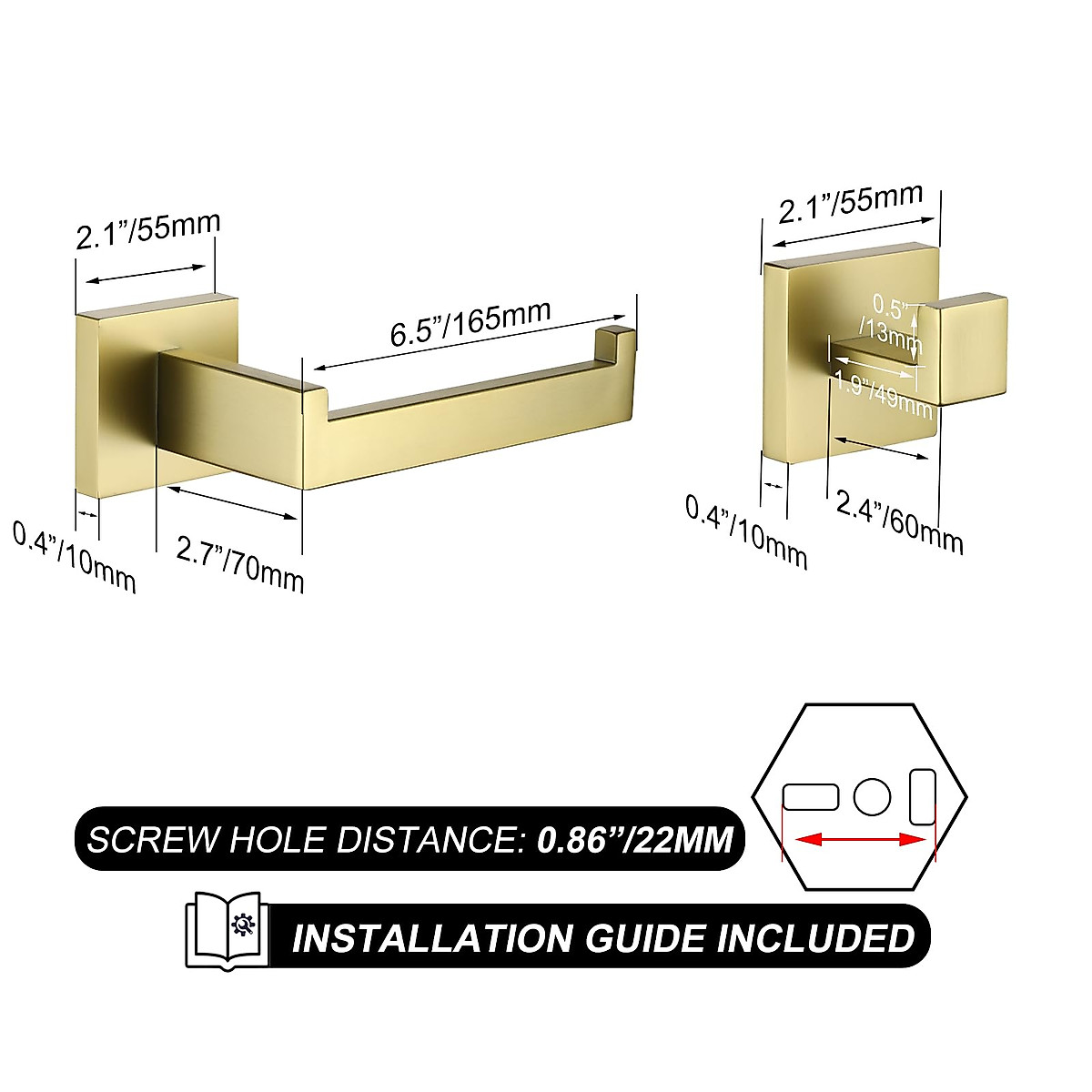 LANC 4 Piece Gold Bathroom Hardware Set, Square Brushed Gold 2 Pack Toilet Paper Holder and 2 Robe Towel Hooks, Stainless Steel Wall Mounted 2 Tissue Roll Holder and Coat Hooks Hanger, A8857BG