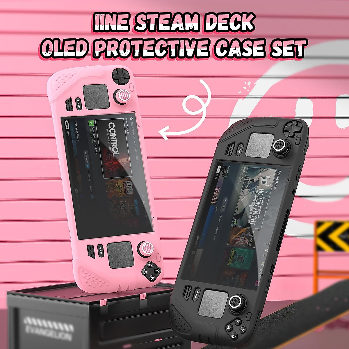IINE Protective Case for Steam Desk OLED, Steamdesk OLED Silicone Cover Case, 9-in-1 Protective Silicone Shell with Anti-Scratch Cover Protector, Steam Deck OLED Accessories Set,Pink