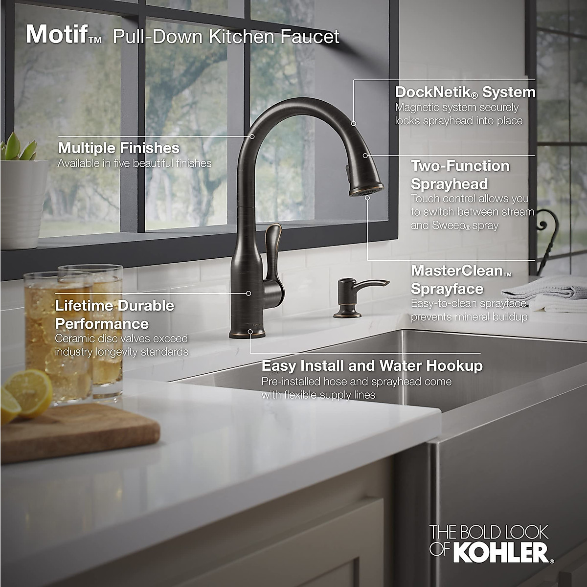 Kohler R23863-SD-VS Motif Kitchen Faucet with Pull Down Sprayer and Soap Dispenser, Vibrant Stainless