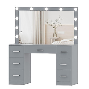 Irontar Vanity Table, Makeup Table with Lighted Mirror, 3 Color Lighting Modes, Brightness Adjustable, Dressing Table with Drawers, Vanity Desk for Women, Gray