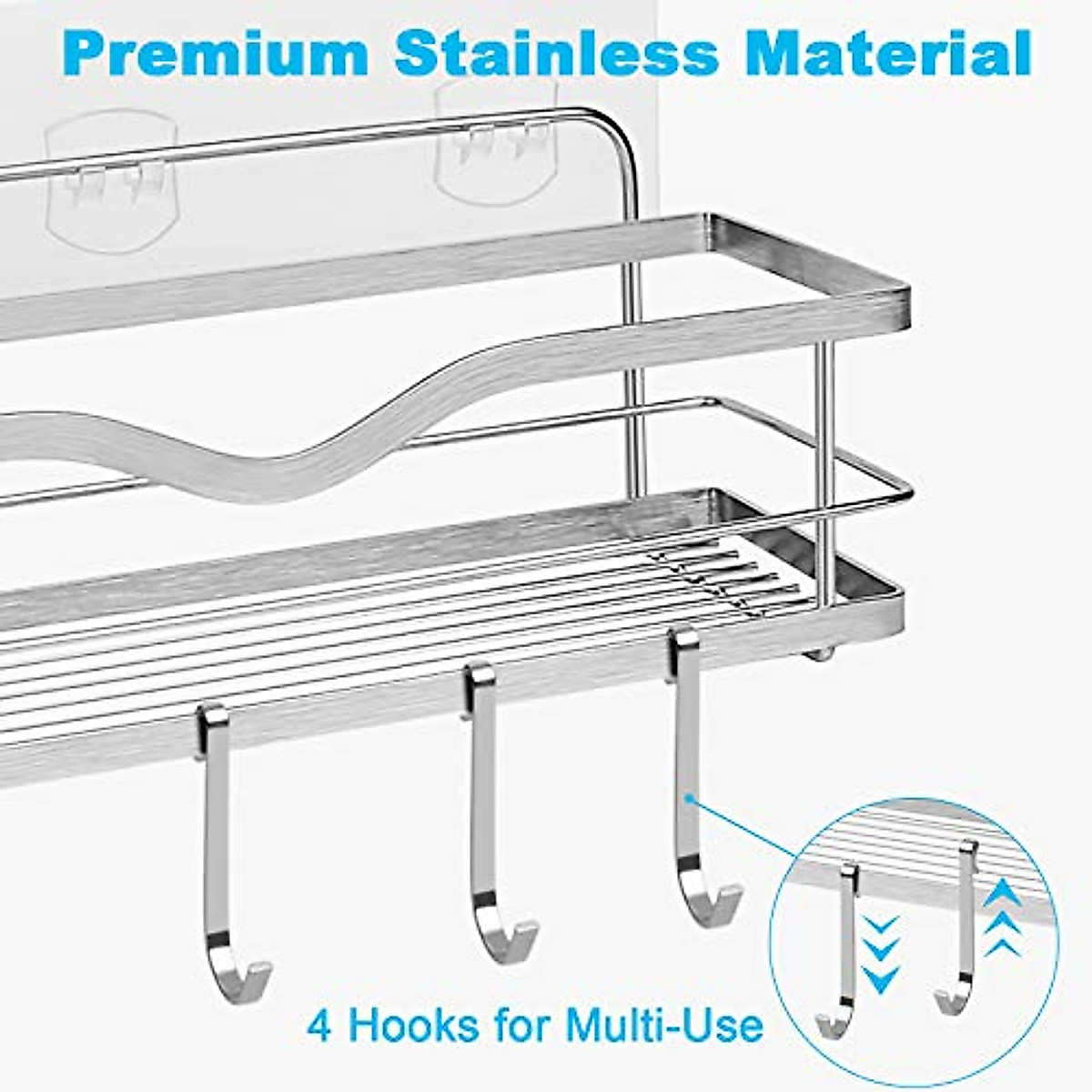 2 Pack Shower Caddy Bathroom Shelf, No Drilling Traceless Adhesive Bathroom Storage Organizer, SUS304 Rustproof Food Storage Basket, 2-in-1 Kitchen Spice Racks (Polished Silver)