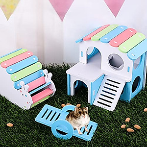 Tiibot 8 Pieces Fun Hamster Toys DIY Wooden Gerbil Hideout Include Swing Seesaw Rainbow Villa Bear's Nest Fitness Circle Arch Bridge Bell Roller Snail House for Sport Exercise Small Animals, Blue