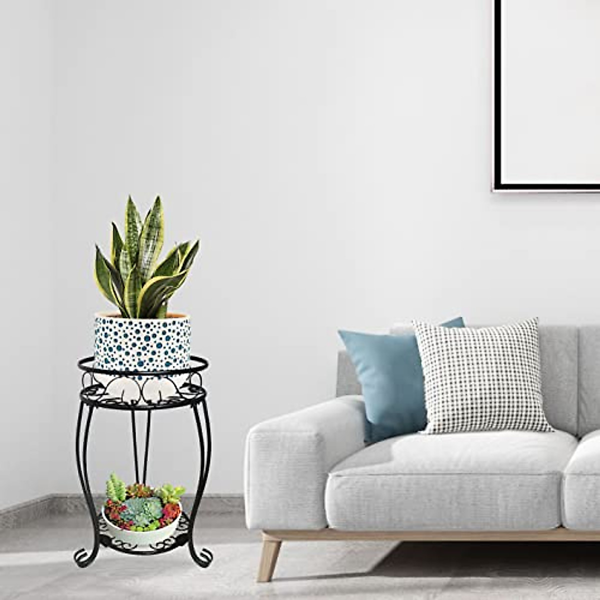 Metal Plant Stand Indoor Outdoor for Round Flower Pot, 2 Tier Potted Holder Rack Rustproof Wrought Iron Heavy Duty Planter Shelf for Corner Living Room Balcony Garden Patio, 19.2 inch, Black