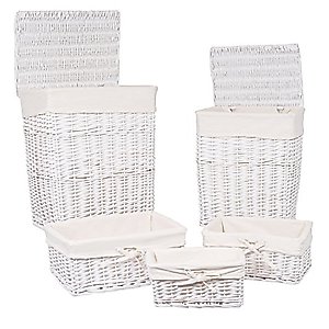 BIRDROCK HOME Woven Willow Baskets with Liner for Storage and Laundry - Set of 5 - Rectangular Hamper Bins with Lids - Decorative Wooden Wicker Basket for Organizing Blankets - Baby Organizer - White