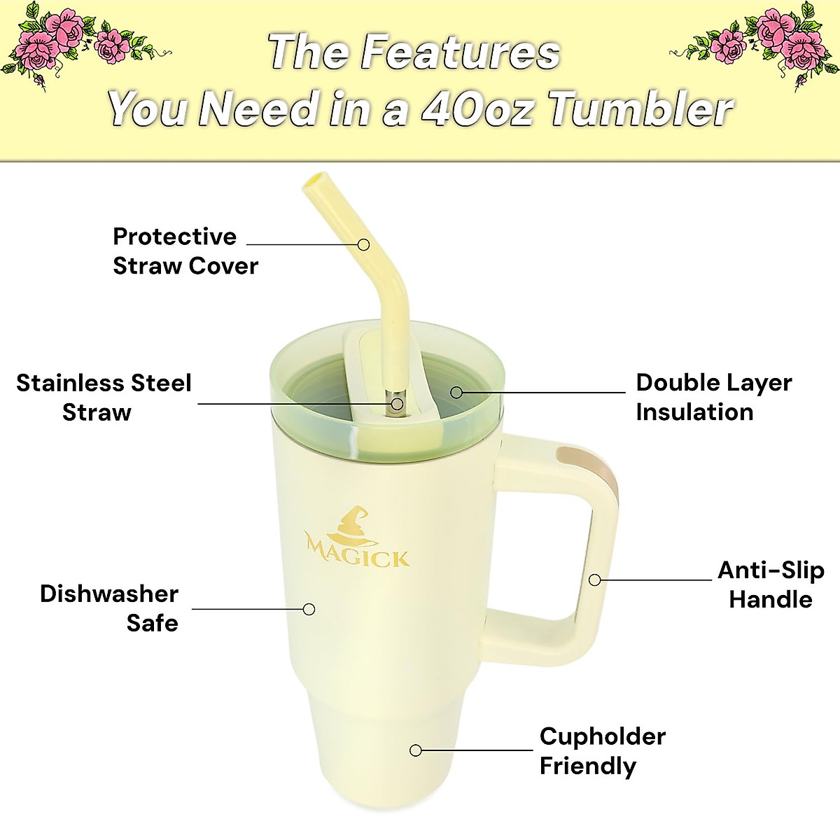 Magick Tumbler – 40oz Insulated Stainless Steel Tumbler with Handle, Lid & Straw, Dishwasher Safe – Hot & Cold Drink Travel Mug for Coffee, Water, Tea, and Smoothies