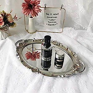 Hamphinee Oval Vintage Wall Mirror Tray, Dresser Organizer Tray, Decorative Perfume Mirror Tray, Serving Tray, 9.8"x 14.6", Silver