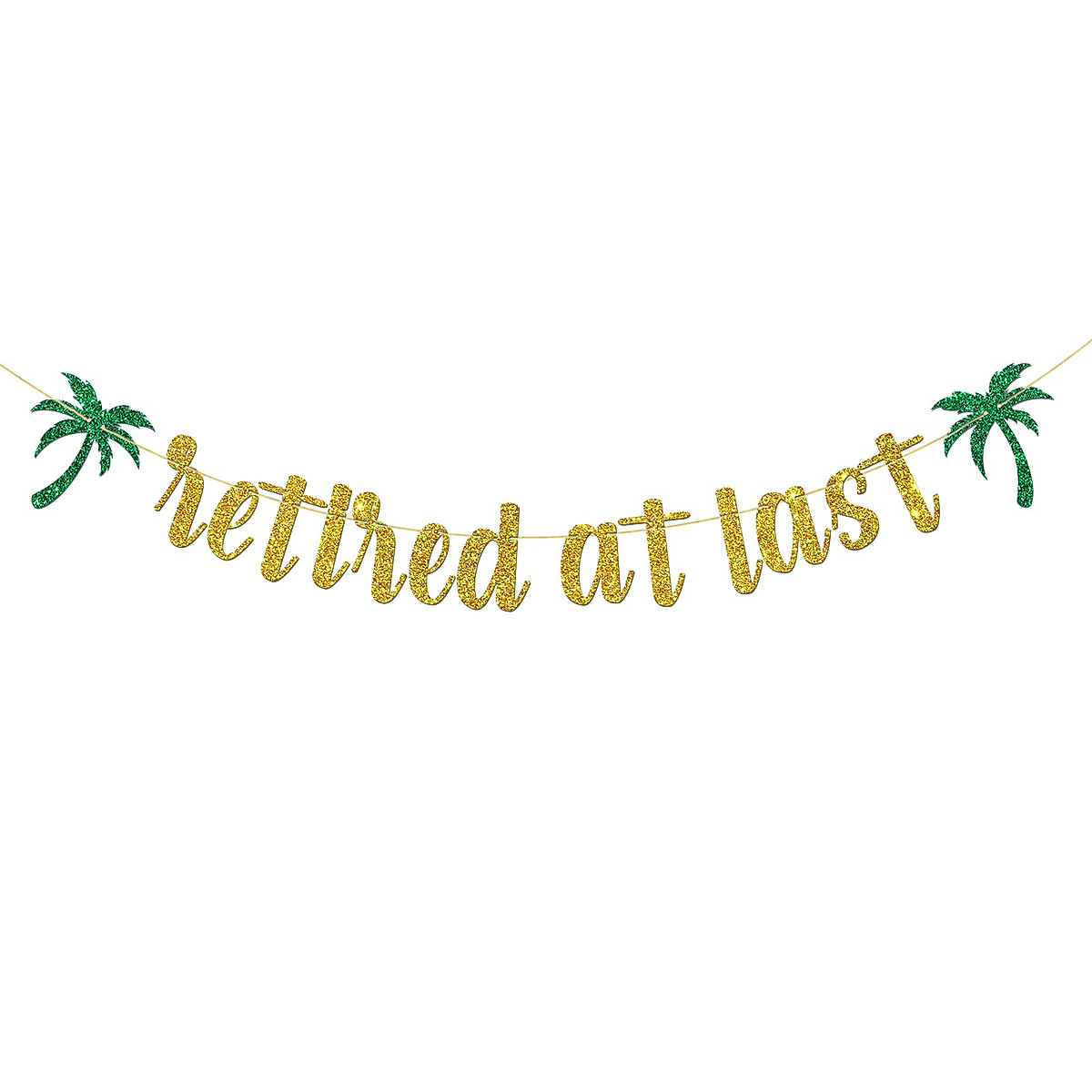 Belrew Retired at Last Banner, Free at Last Sign Banner, Retirement Party Decoration Bunting Supplies, Glittery Gold