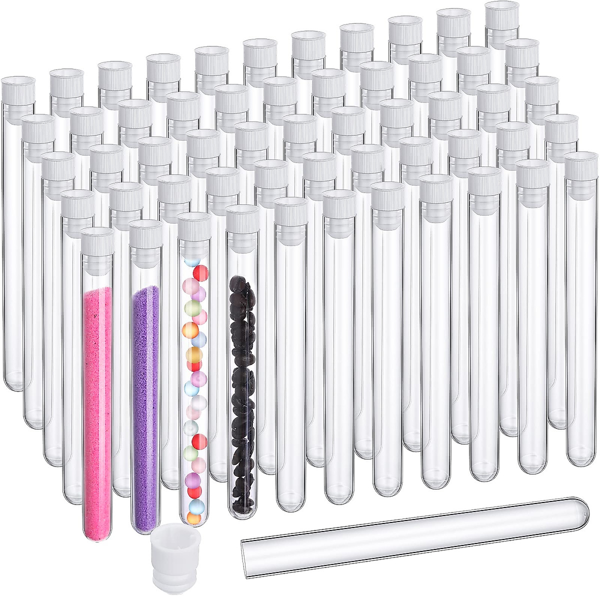 Hoteam 100 Pcs Clear Test Tubes with Lids Plastic Tube Plastic Vials for Scientific Experiments Party Supplies Birthday Candy Storage Seed Beads Powder Spice Liquid (White Lid,16 x 150 mm)