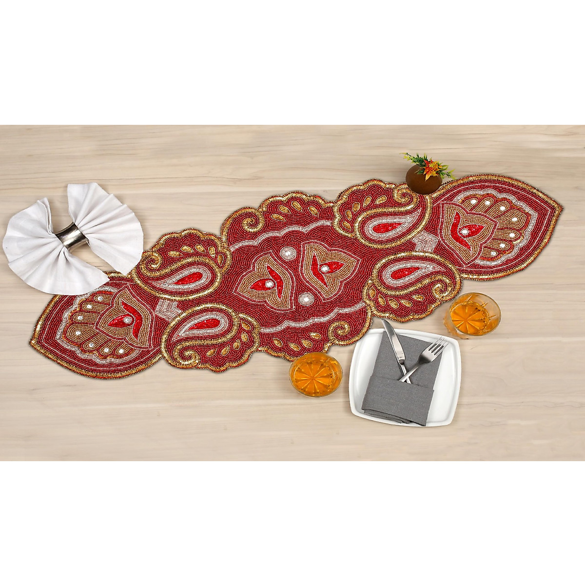 Christmas Red Table Runner, Christmas Beaded Table Runner, Glitz Beaded Table Runner - Table Mat for Harvest Xmas Easter Thanksgiving Wedding Family Party Decoration - 13x36 Paisley - Maroon Gold