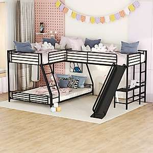 Triple Bunk Beds, L-Shape Twin Over Full Bunk Bed Attached a Loft Bed with Desk, Triple Bunk Beds with Slide, Metal Corner Bunk Bed Frame for Three Kids Boys Girls Teens, Black